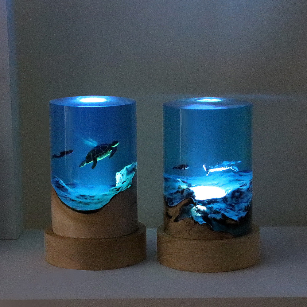 Homemade Wood & Resin Lamp light with whale and the diver. Made for pa ...